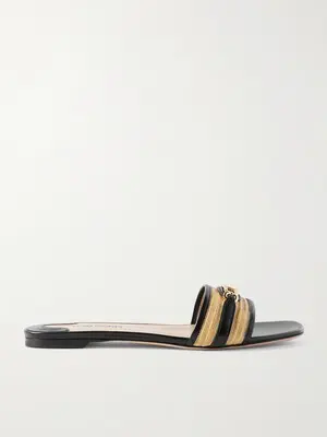 TOM FORD Logo-embellished Raffia-trimmed Leather Slides - Black