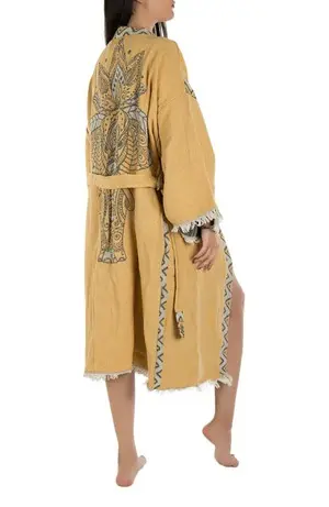 FOREVER & ALWAYS SHOES Astridelephant Pattern Handmade Cotton Robe Cover-up - Mustard