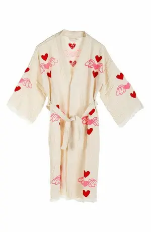 FOREVER & ALWAYS SHOES Valentinered Hearts Handmade Cotton Robe Cover-up - Off-white