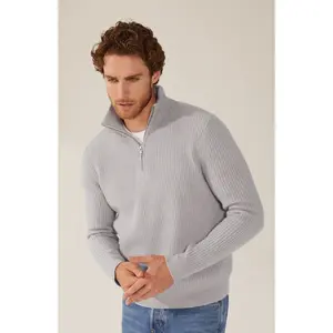 ITALIC Shane Chunky Cashmere Quarter Zip Pullover - Pebble Grey