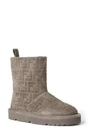 Fendi Ff Logo Shearling-lined Bootie - Steel/latte