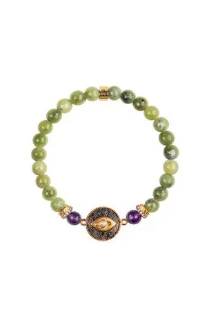 KARMA AND LUCK Jade Stone Evil Eye Beaded Bracelet - Green/purple/gold