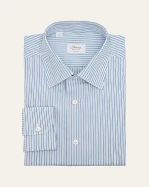 Brioni Men's Giza 87 Cotton Multi-Stripe Dress Shirt Whiteblue