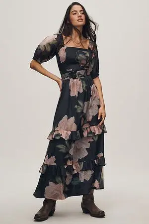 HUTCH Puff-sleeve Ruffled Midi Dress - Black Floral