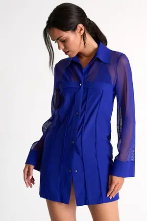 Shan Grid Mesh Beach Shirt-dress - Blue