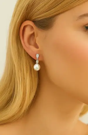 DLORIA Hollywood Sensation Pearl Drop Earrings With Zirconia Accents