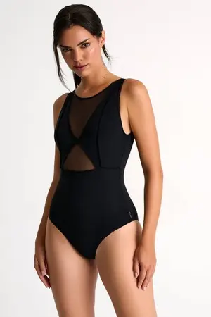 Shan High-neck Grid Mesh One-piece - Black
