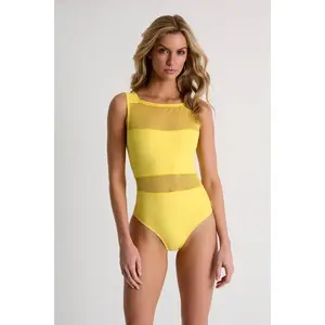 Shan Grid Mesh High-neck One-piece - Yellow