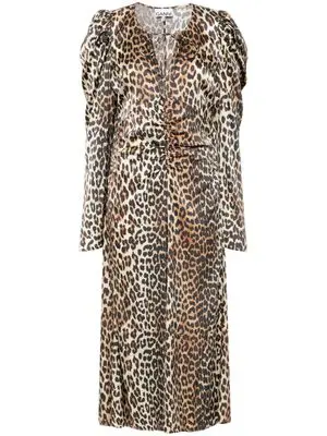GANNI Leopard Print Midi Dress - Brown