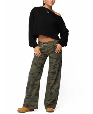EDIKTED Quincy Studded Baggy Jeans - Olive-washed