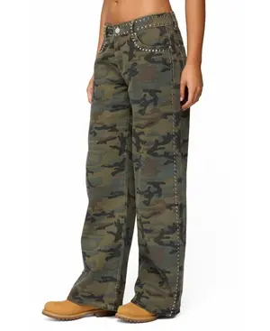 EDIKTED Quincy Studded Baggy Jeans - Olive-washed