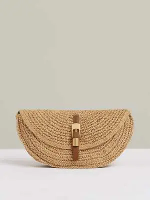 REISS Aria Raffia Half-moon Clutch