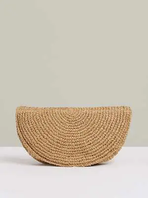 REISS Aria Raffia Half-moon Clutch