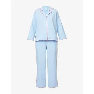 Desmond & Dempsey Contrast-trim Long-sleeve Cotton Pyjama Set Xxl - Blue