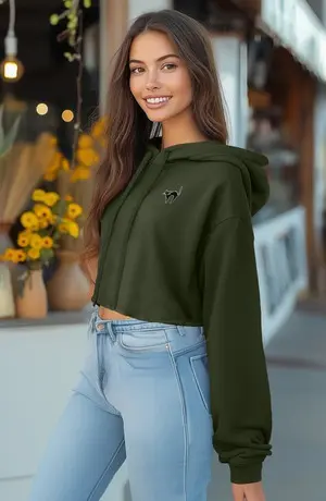 DALIX Cat Cropped Fleece Hoodie - Military Green