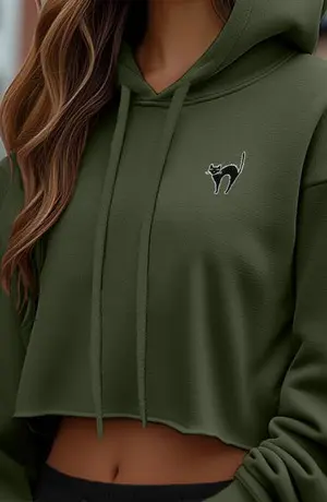 DALIX Cat Cropped Fleece Hoodie - Military Green