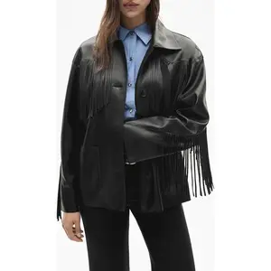 Mango Fringe Trim Faux Leather Jacket