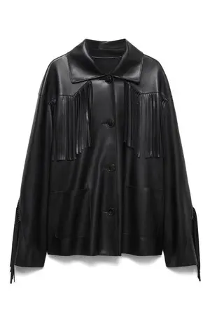 Mango Fringe Trim Faux Leather Jacket