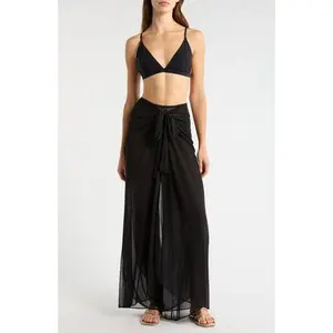 HUTCH Floral Tie Waist Wide Leg Cover-up Pants - Black Solid