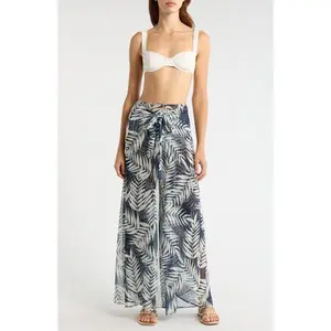HUTCH Floral Tie Waist Wide Leg Cover-up Pants - Navy Paradise Foliage
