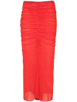 MUGLER Ruched Mesh Midi Skirt - Red