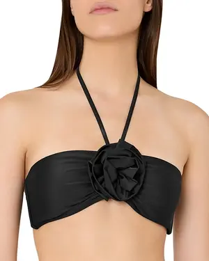 MILLY Floral Applique Halter Bikini Top - Black