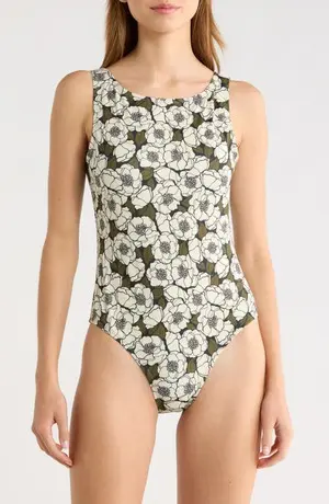 HUTCH Buckle Back One-piece Swimsuit - Blck Olive Flt Outline Poppies