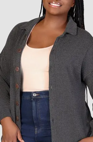 24SEVEN COMFORT APPAREL Textured Stripe Knit Button-up Shirt