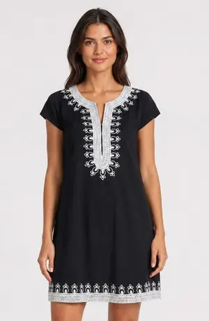 Calypso St. Barth Rowena Tunic Dress With Embroidered Neckline - Black