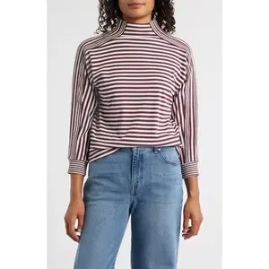 Wit & Wisdom Stripe Mock Neck Rib Top - Wild Plum/off White