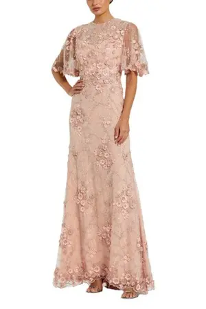 Mac Duggal Flutter Sleeve Embroidered Net Gown - Rose