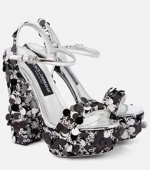 Dolce & Gabbana Sequined Faux Leather Platform Sandals - Silver
