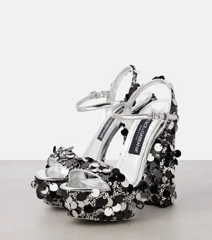 Dolce & Gabbana Sequined Faux Leather Platform Sandals - Silver