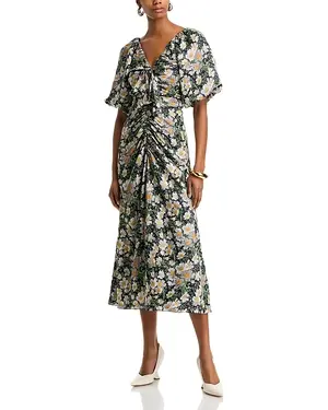 Cinq À Sept Cosmo Flowers Brenton Midi Dress - Black/london Fog