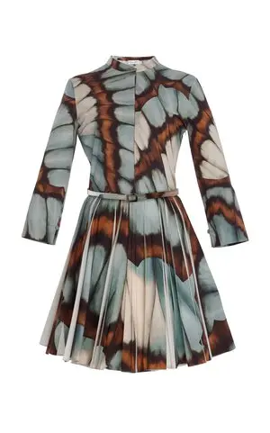 Oscar De La Renta Belted Pleated Cotton Poplin Mini Dress - Blue
