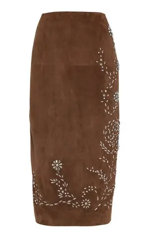Oscar De La Renta Crystal-embellished Suede Midi Skirt - Brown