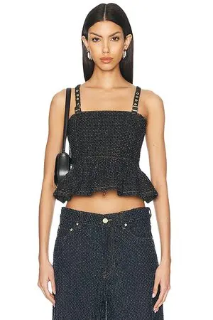 GANNI Sleeveless Peplum Top With Distressed Denim Fabric