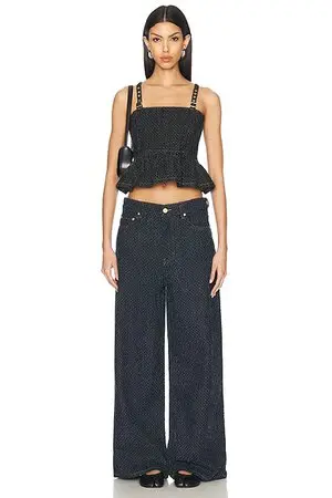 GANNI Sleeveless Peplum Top With Distressed Denim Fabric