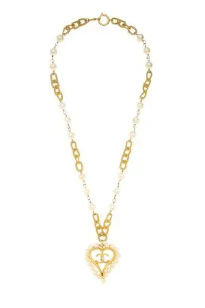 Chanel Cc Faux Pearl Heart Necklace - Gold