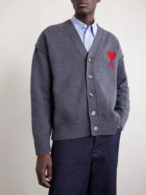 AMI Paris Logo-intarsia Merino Wool Cardigan - Gray