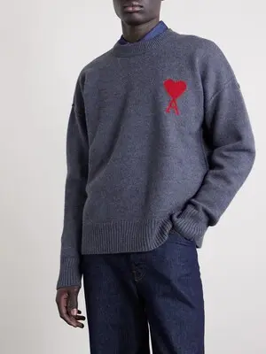 AMI Paris Adc Logo-intarsia Virgin Wool Sweater - Gray