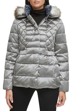 KENNETH COLE Mixed Puffer Jacket With Faux Fur Trim - Gunmetal