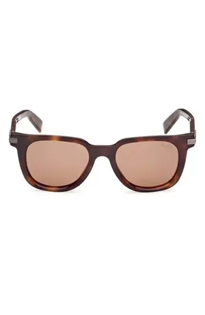 Zegna 50mm Square Frame Sunglasses - Med Havana/ Ruthenium / Brown