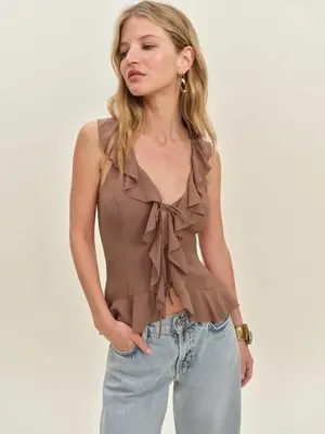 REFORMATION Paulette Top Sleeveless V-neck With Front Ties And Ruffle Trim