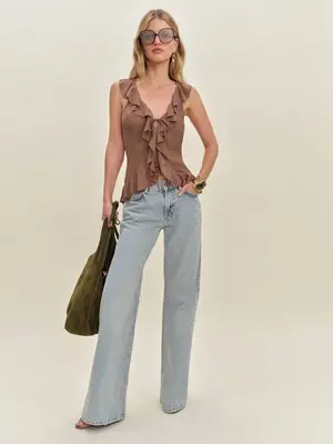 REFORMATION Paulette Top Sleeveless V-neck With Front Ties And Ruffle Trim