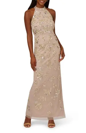 Adrianna Papell Sequin Floral High Neck Gown