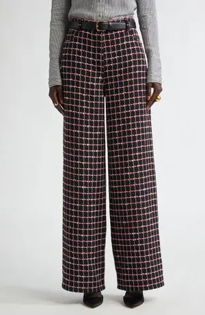 St. John Windowpane Check Tweed Wide Leg Pants