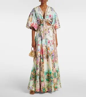Camilla Tie-front Puff-sleeve Crop Top - Multicoloured