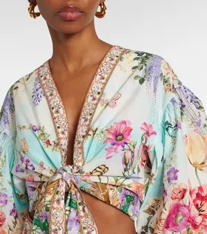 Camilla Tie-front Puff-sleeve Crop Top - Multicoloured