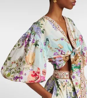 Camilla Tie-front Puff-sleeve Crop Top - Multicoloured